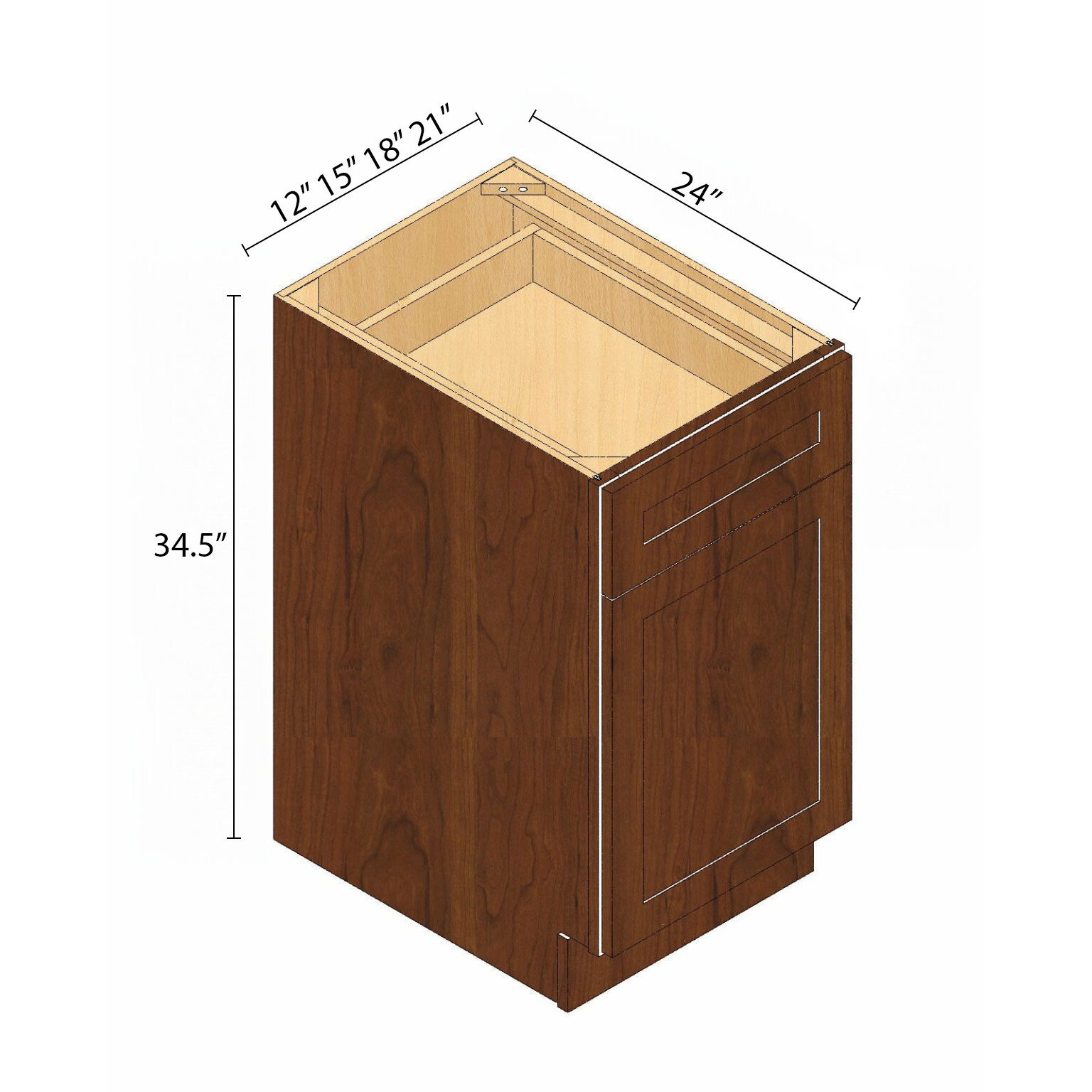 Arbris: W x 12-21 in. H x 34.5 in. D x 24" in. | Single Door Base Cabi – Cabinet World Plus